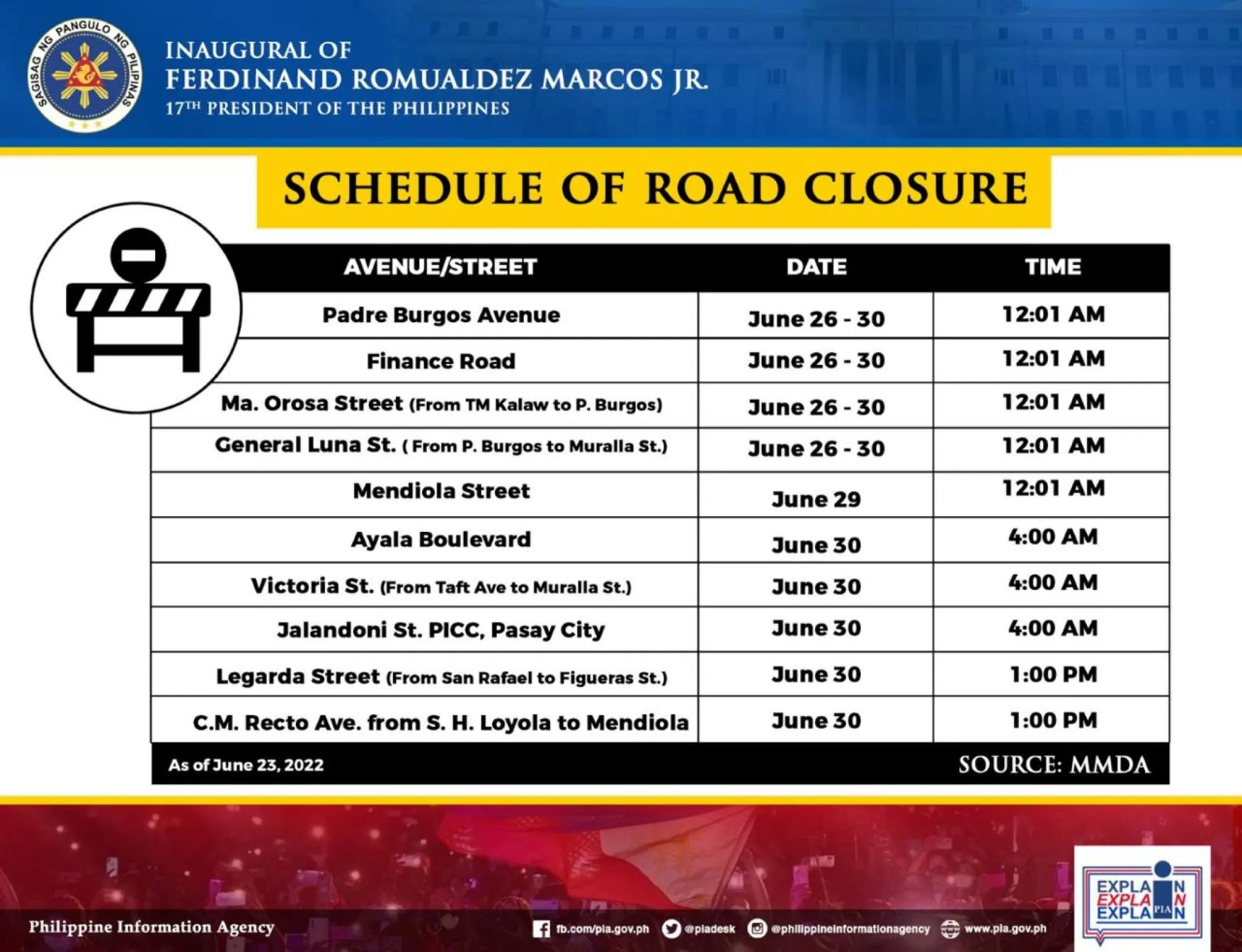 Here's the schedule of all Manila road closures for BBM inaugural on ...