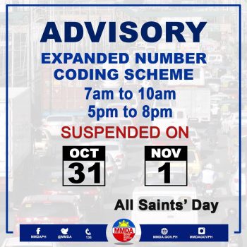 MMDA: Number Coding officially suspended on October 31, November 1 ...