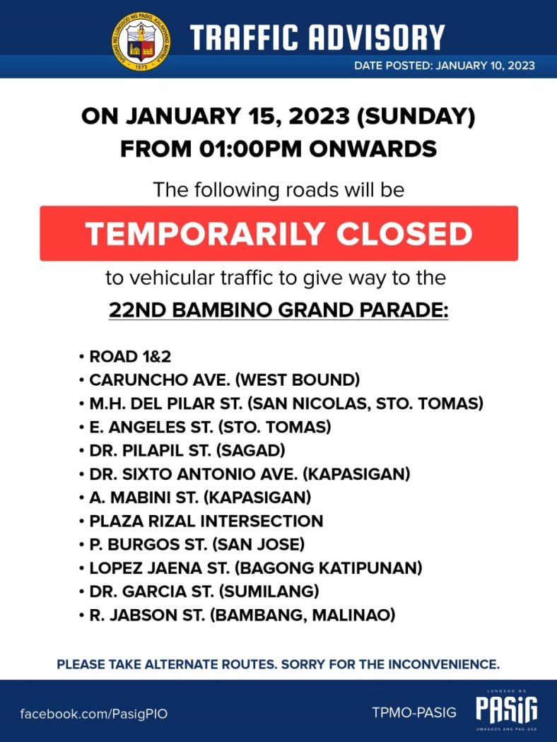 Every Pasig road closure you should know for Bambino Grand Parade on ...