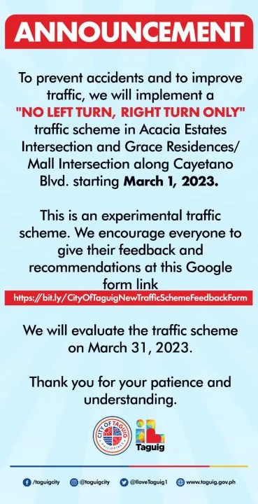 Taguig City to implement new traffic scheme in Acacia Estates ...