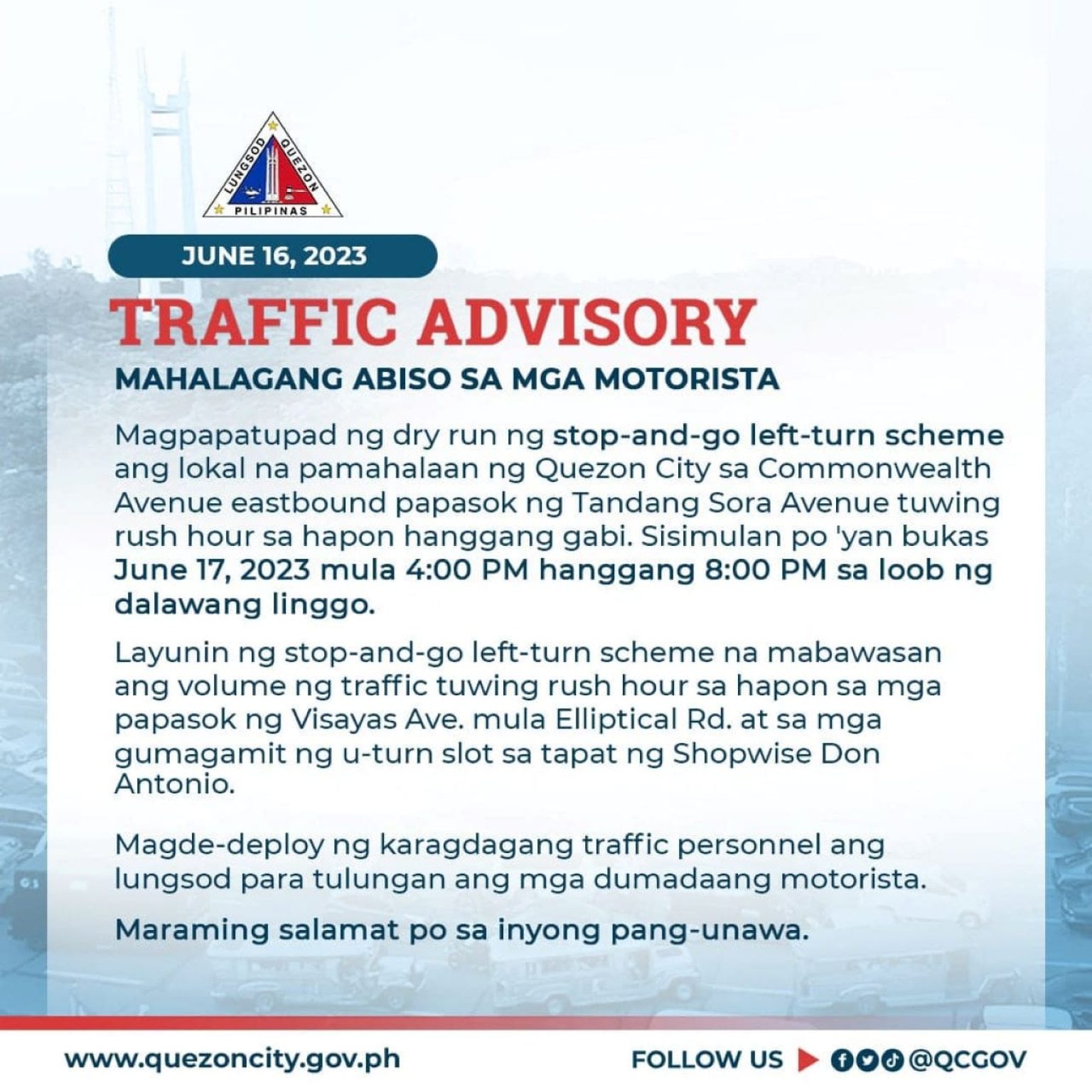 Urgent QC Traffic Advisory: Dry run of Tandang Sora Stop-and-Go Left ...