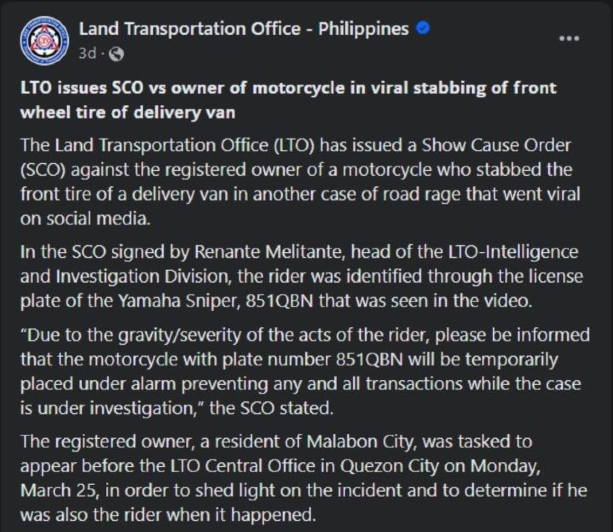 Road Rage again: LTO summons aggressive tire-stabbing motorcycle rider ...