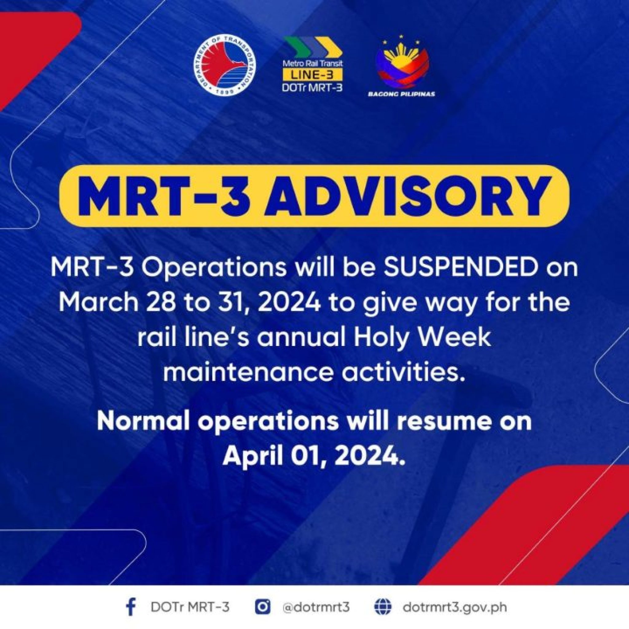 Important Advisory: MRT-3 operations suspended on Holy Week, March 28 ...